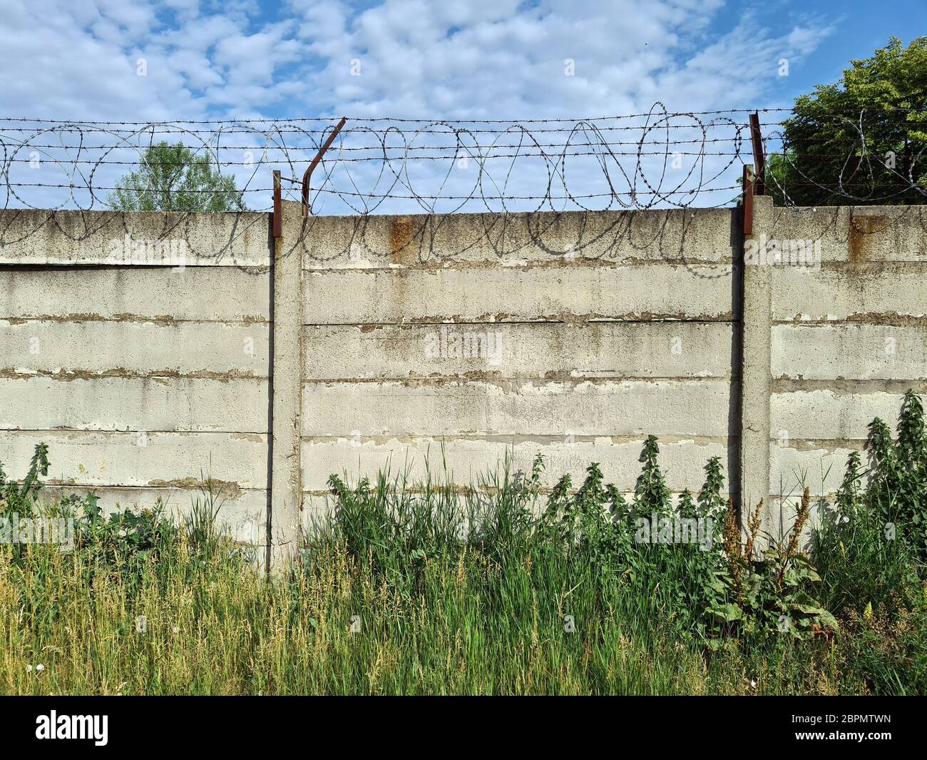 Barbed wire on concrete fence Stock Photo - Alamy