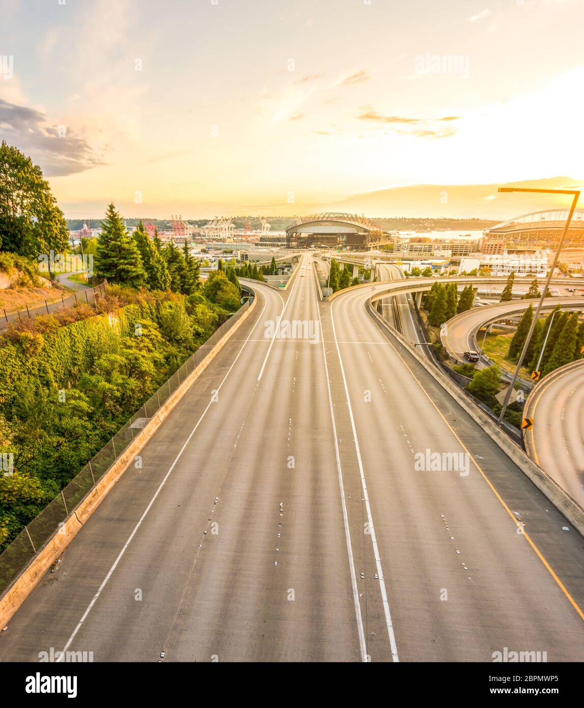 Seattle skylines and Interstate freeways converge with Elliott Bay and ...