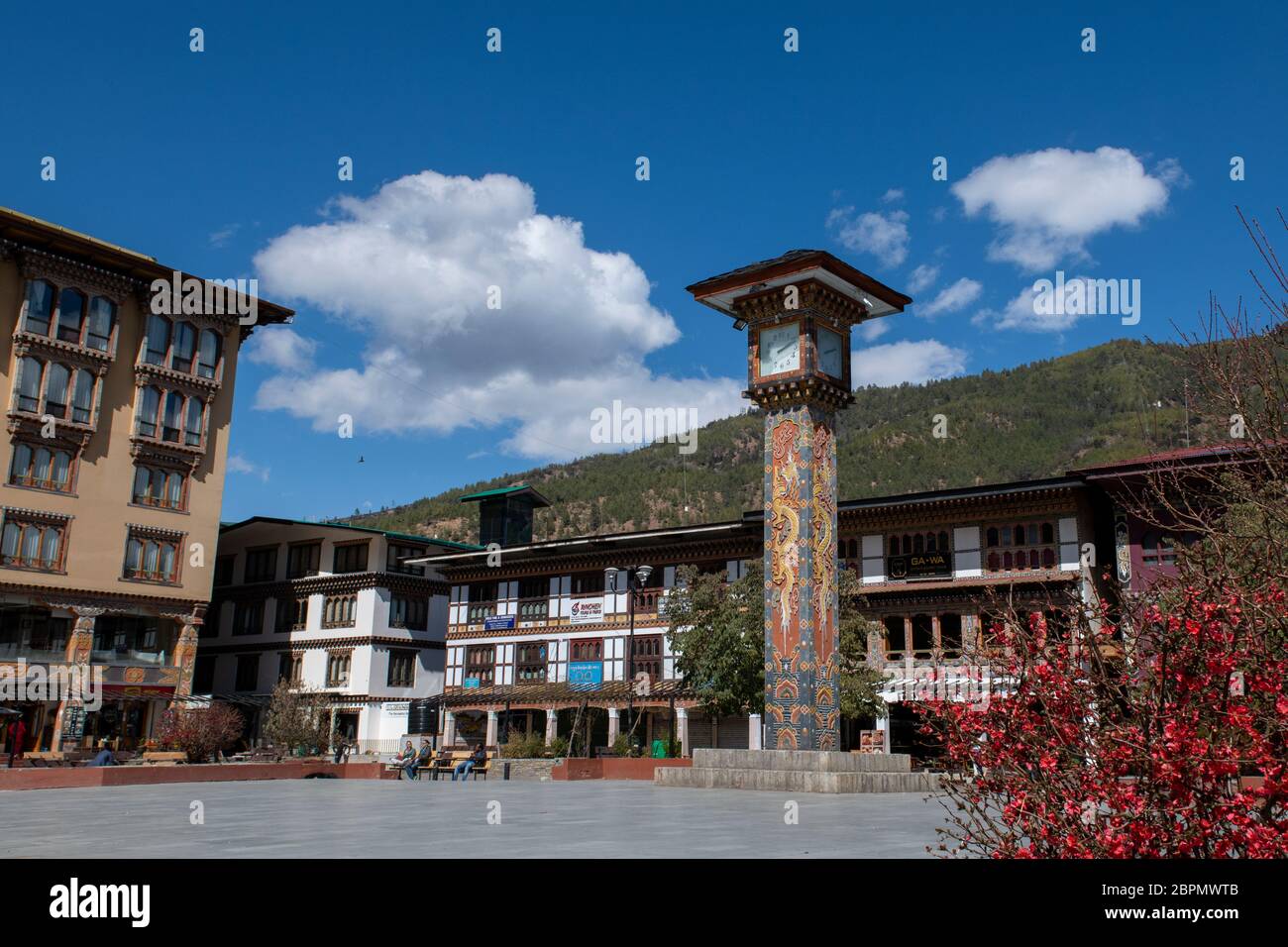 Bhutan, Thimphu, Clock Tower Square. Ornate clock tower in the center ...
