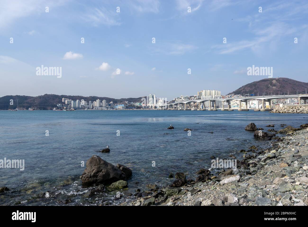 Busan Jeolyeong Coastal Trail with the view of the Namhang daegyo ...
