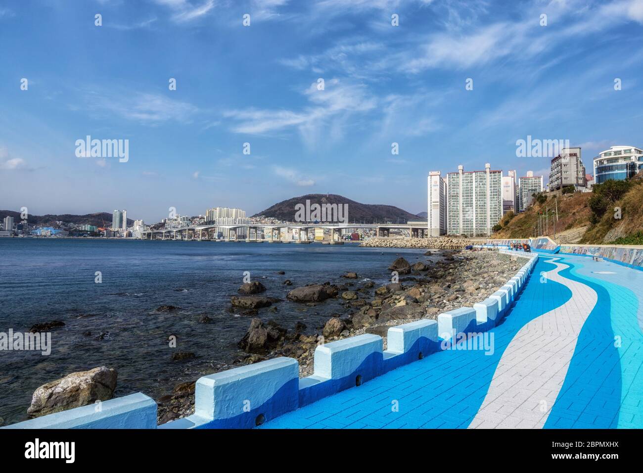 Busan Jeolyeong Coastal Trail with the view of the Namhang daegyo ...