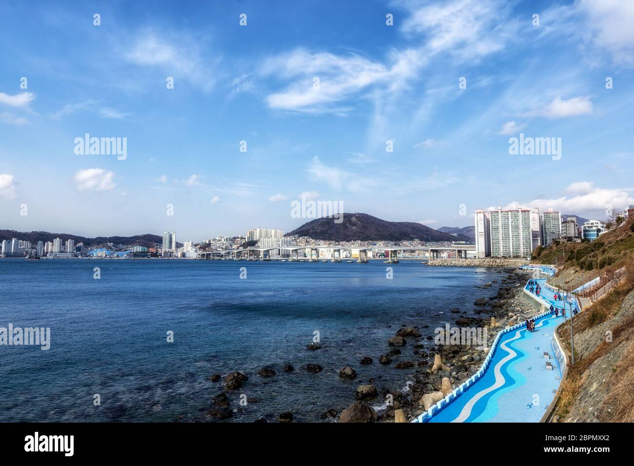 Busan Jeolyeong Coastal Trail with the view of the Namhang daegyo ...