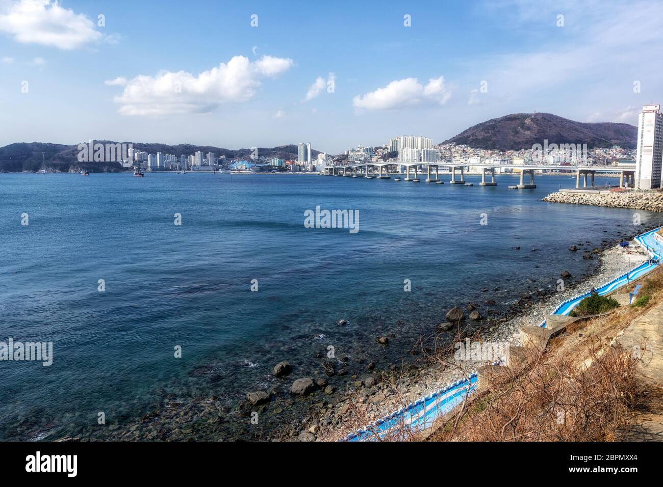 Busan Jeolyeong Coastal Trail with the view of the Namhang daegyo ...