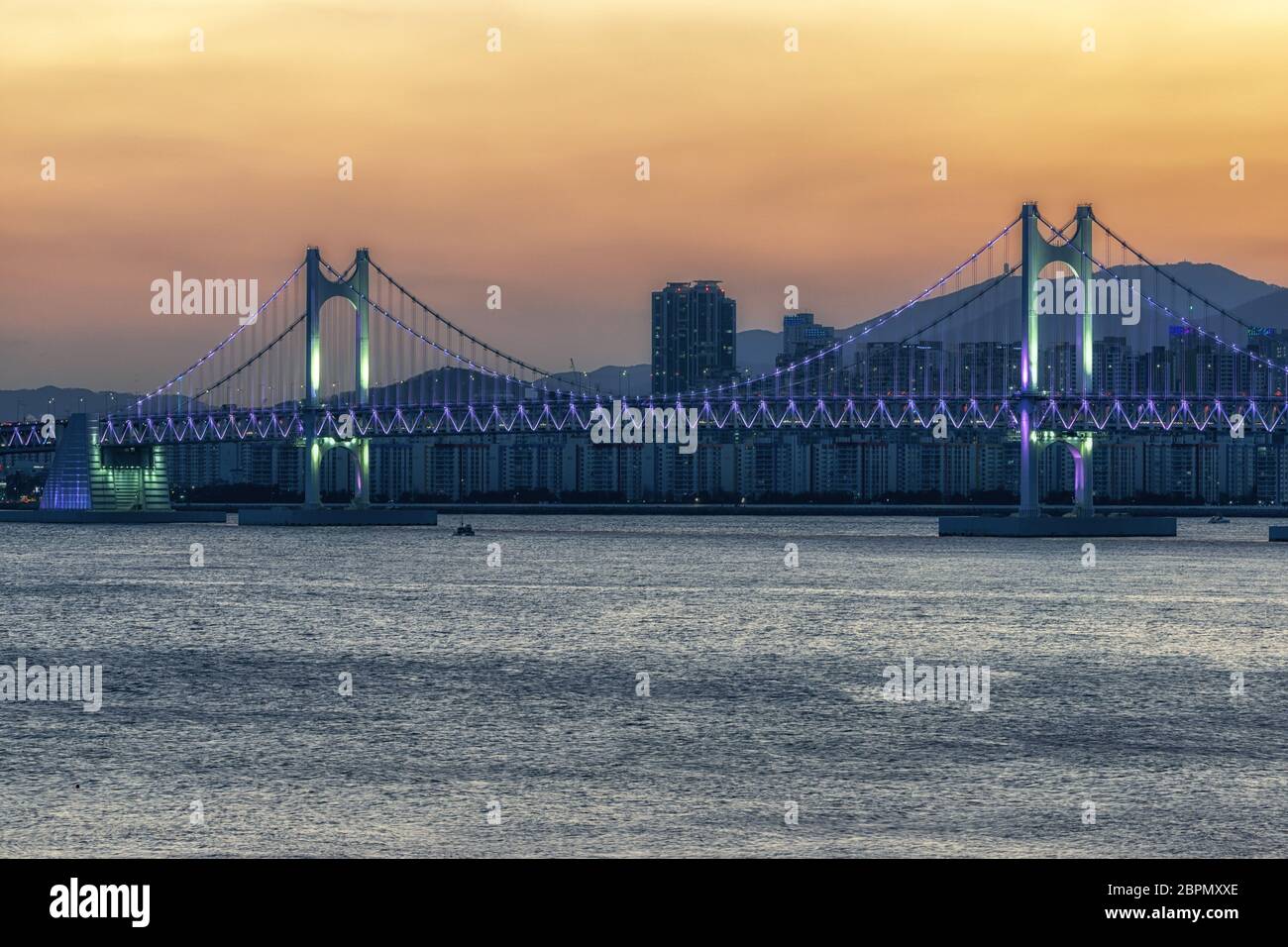 The sunset view over Busan Gwangandaegyo bridge. The famous bridge in ...