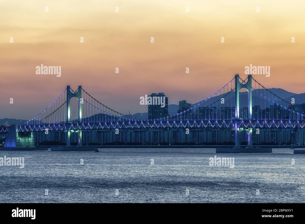 The sunset view over Busan Gwangandaegyo bridge. The famous bridge in ...