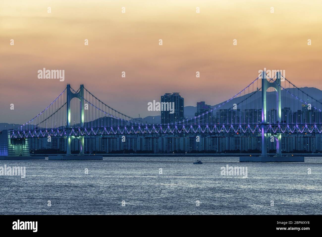 The sunset view over Busan Gwangandaegyo bridge. The famous bridge in ...