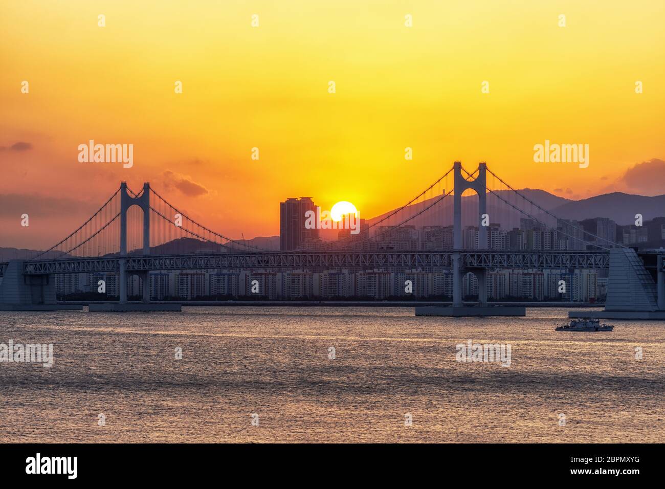 The sunset view over Busan Gwangandaegyo bridge. The famous bridge in ...
