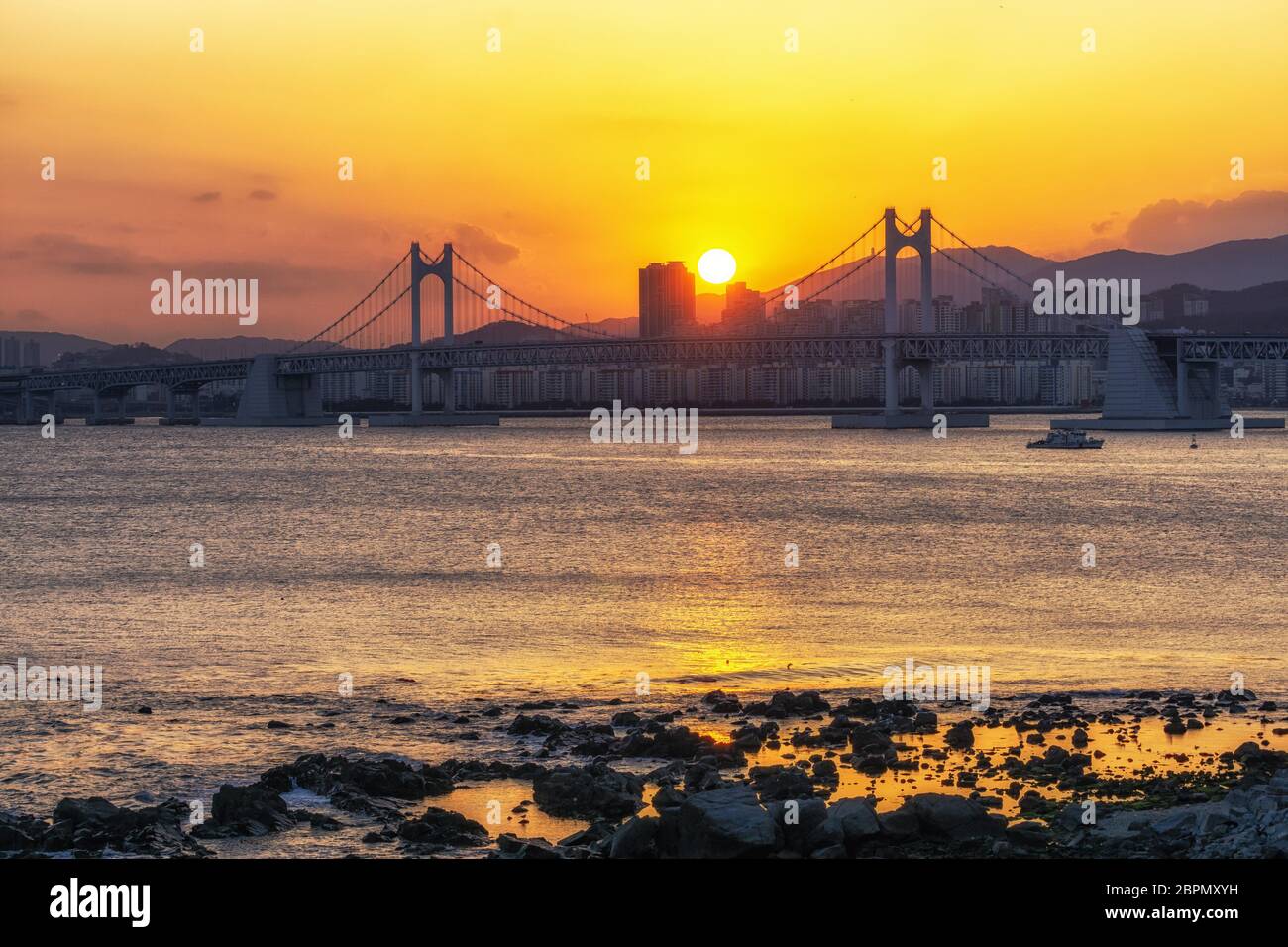 The sunset view over Busan Gwangandaegyo bridge. The famous bridge in ...
