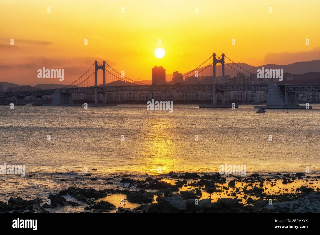 The sunset view over Busan Gwangandaegyo bridge. The famous bridge in ...
