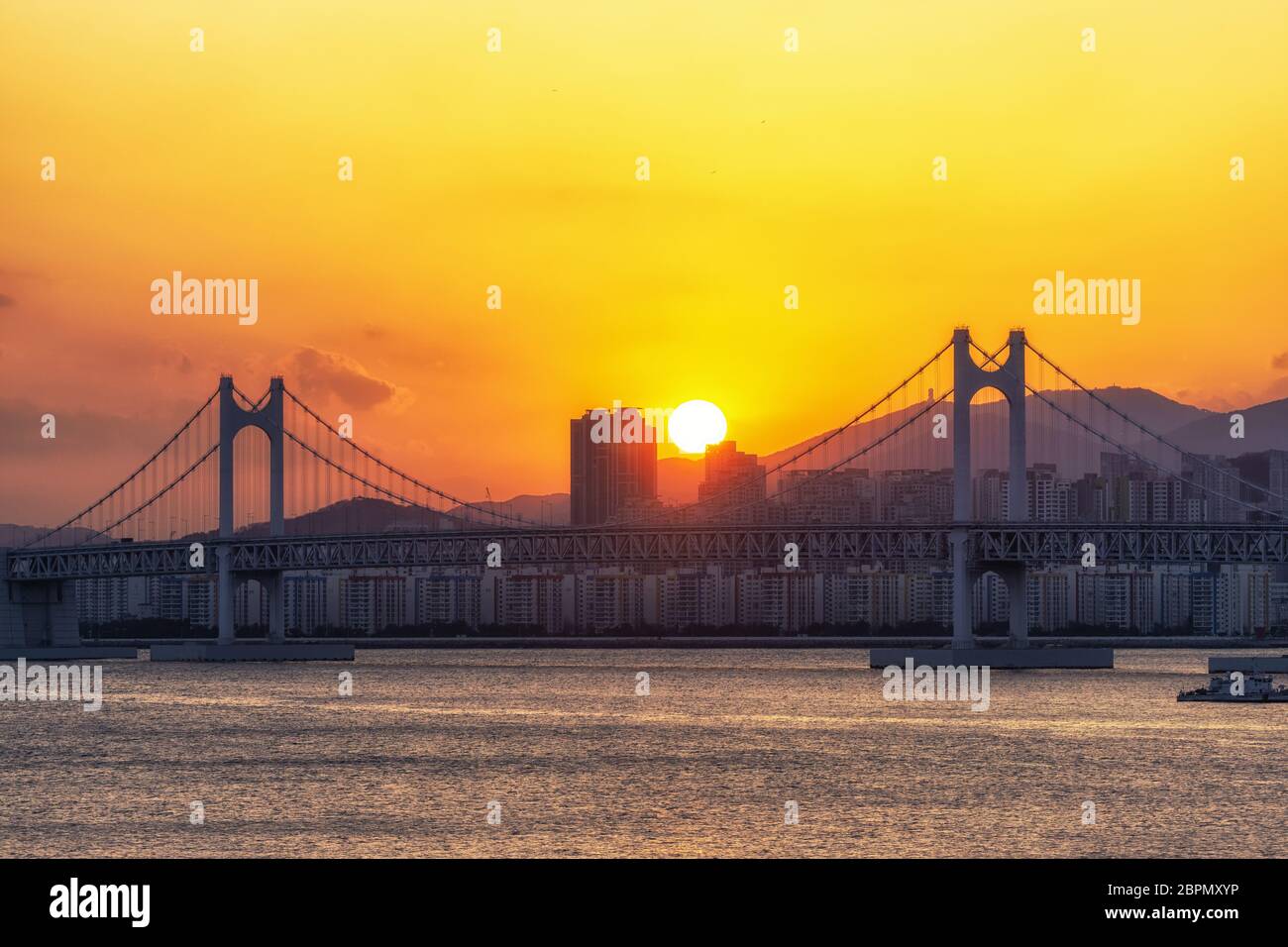 The sunset view over Busan Gwangandaegyo bridge. The famous bridge in ...