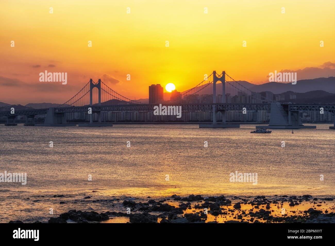 The sunset view over Busan Gwangandaegyo bridge. The famous bridge in ...