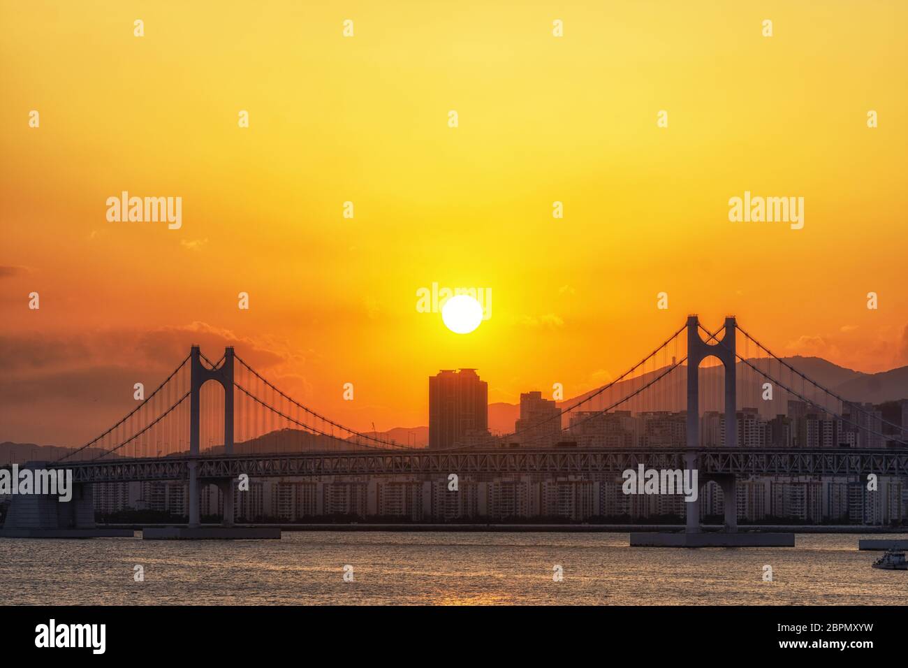 The sunset view over Busan Gwangandaegyo bridge. The famous bridge in ...