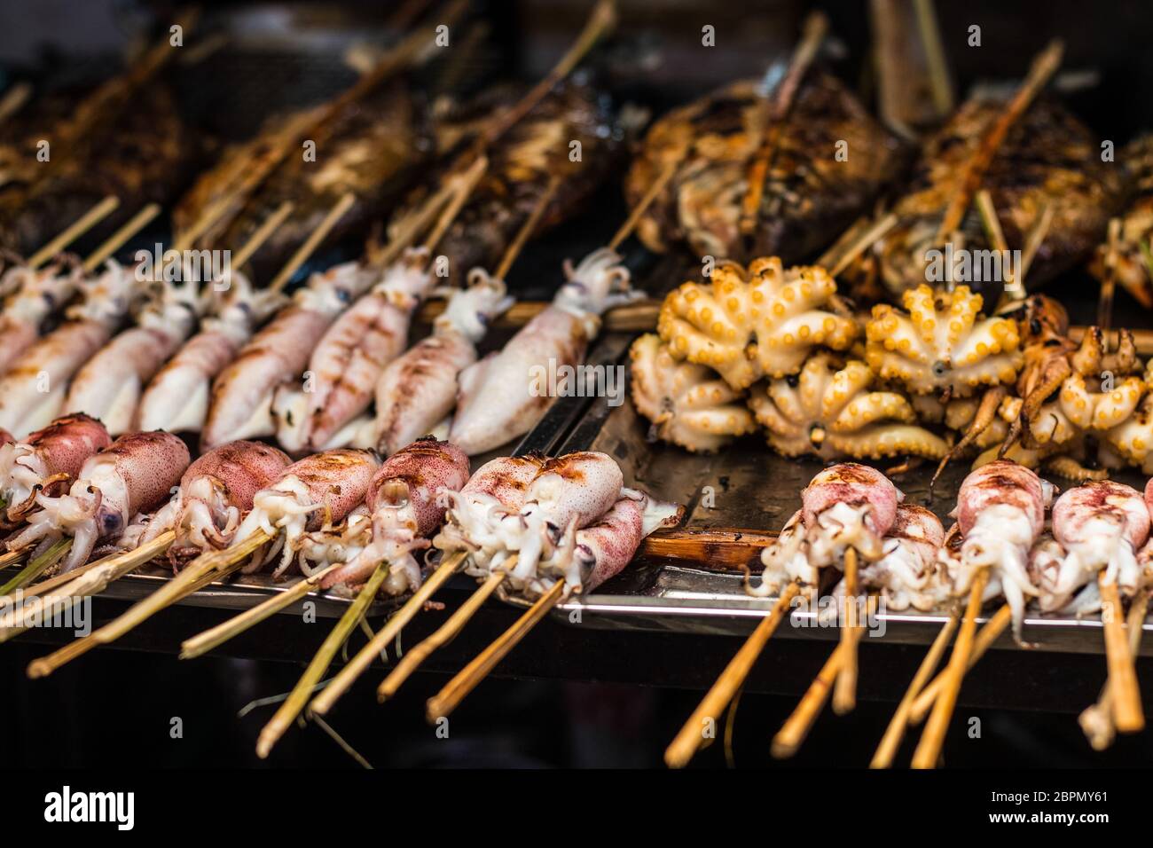 Fresh fish street market on the river in South Asia, meat, and fish are ...