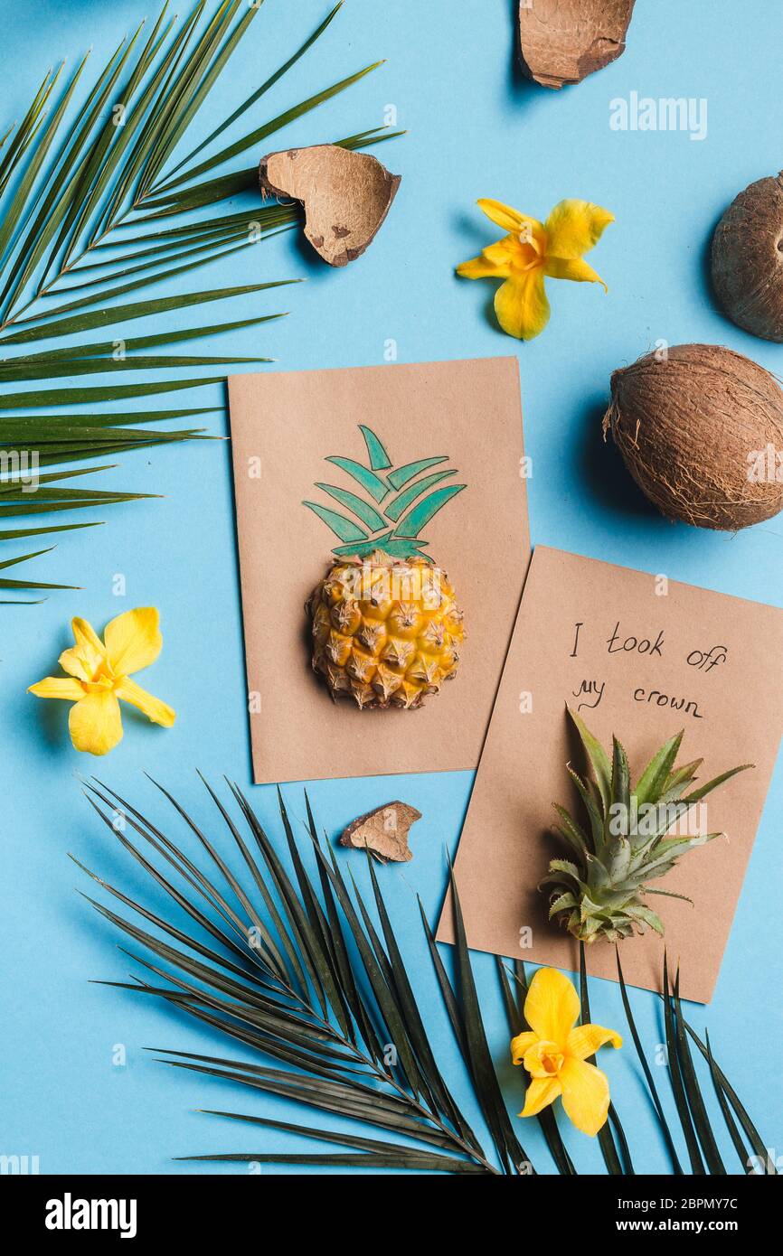 creative tropical greeting cards with pineapple and its crown with note ...