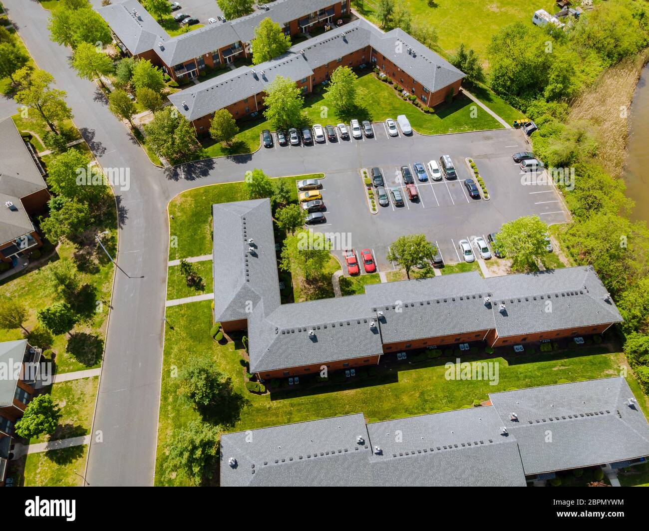 Top down aerial of the small town housing suburban area of with ...