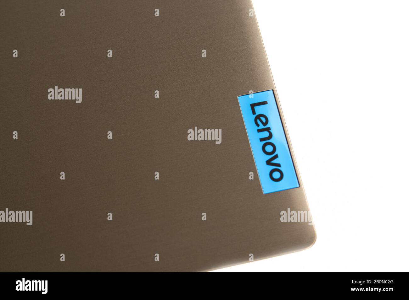 Back side of laptop with lenovo logo isolated on white background Stock ...