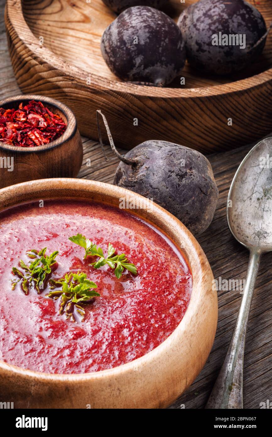Cold summer beets soup on wooden table.Vegetarian food Stock Photo - Alamy