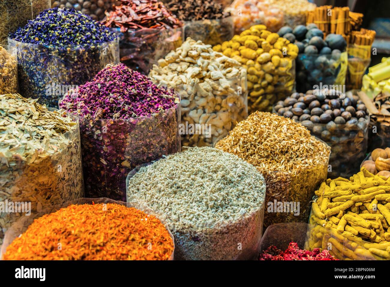 Variety of spices and herbs on the arab street market stall. Dubai ...