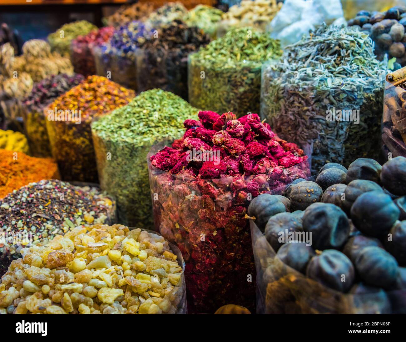 Variety of spices and herbs on the arab street market stall. Dubai ...