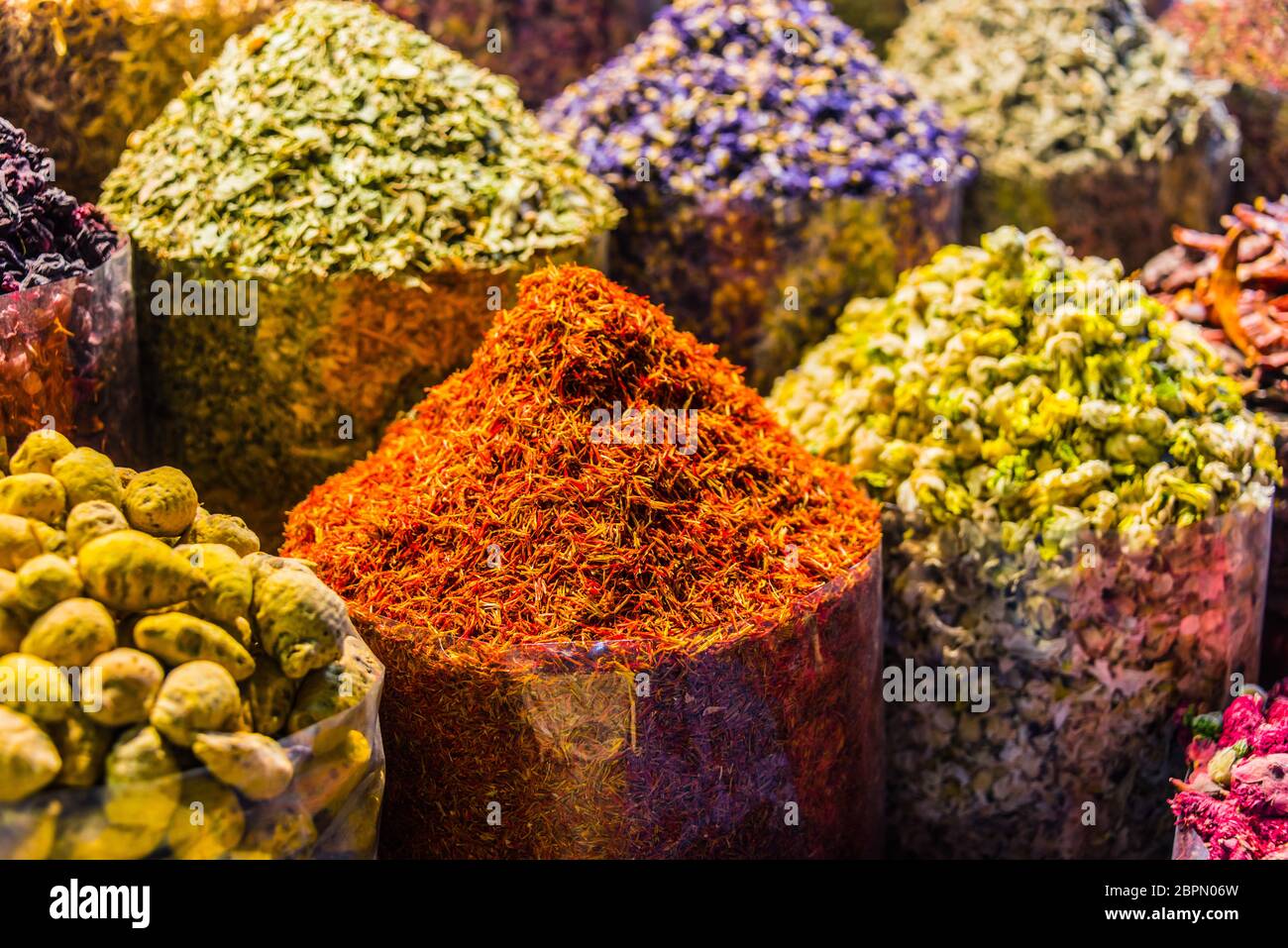 Variety of spices and herbs on the arab street market stall. Dubai ...