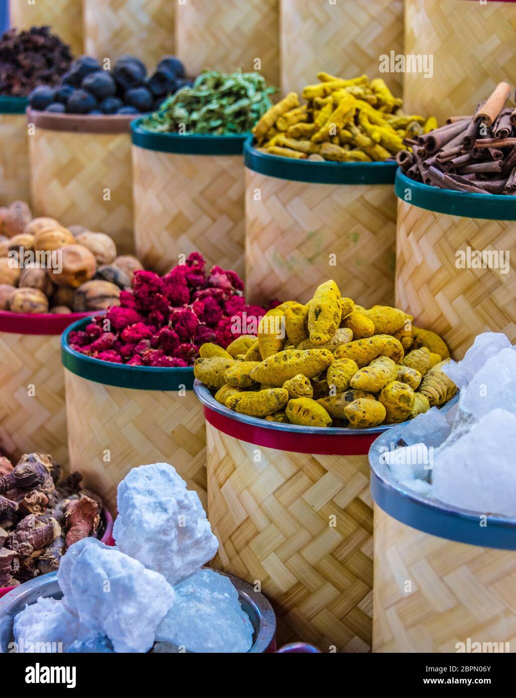 Variety of spices and herbs on the arab street market stall. Dubai ...