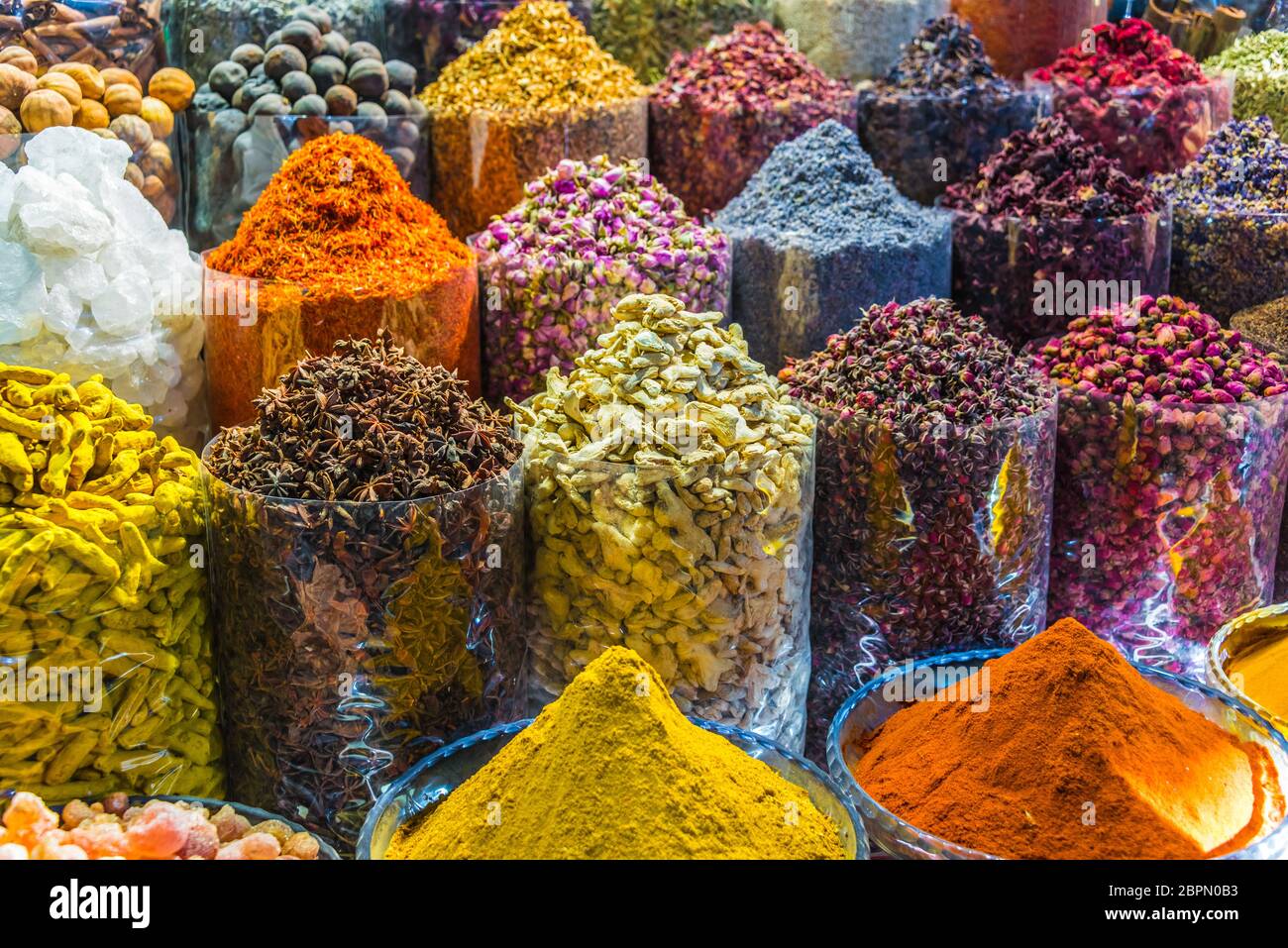 Variety of spices and herbs on the arab street market stall. Dubai ...