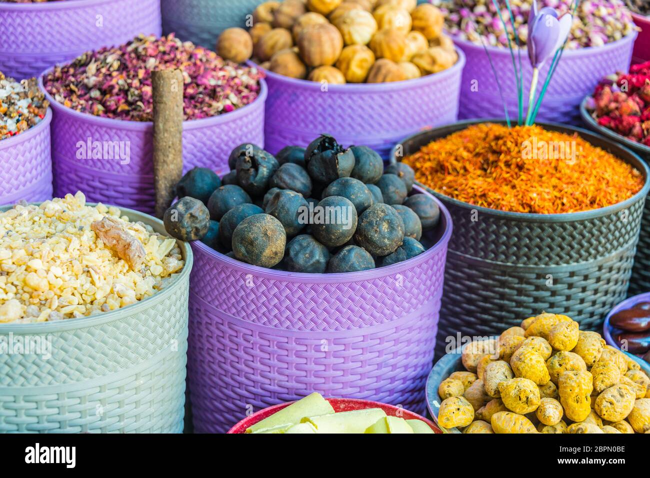 Variety of spices and herbs on the arab street market stall. Dubai ...