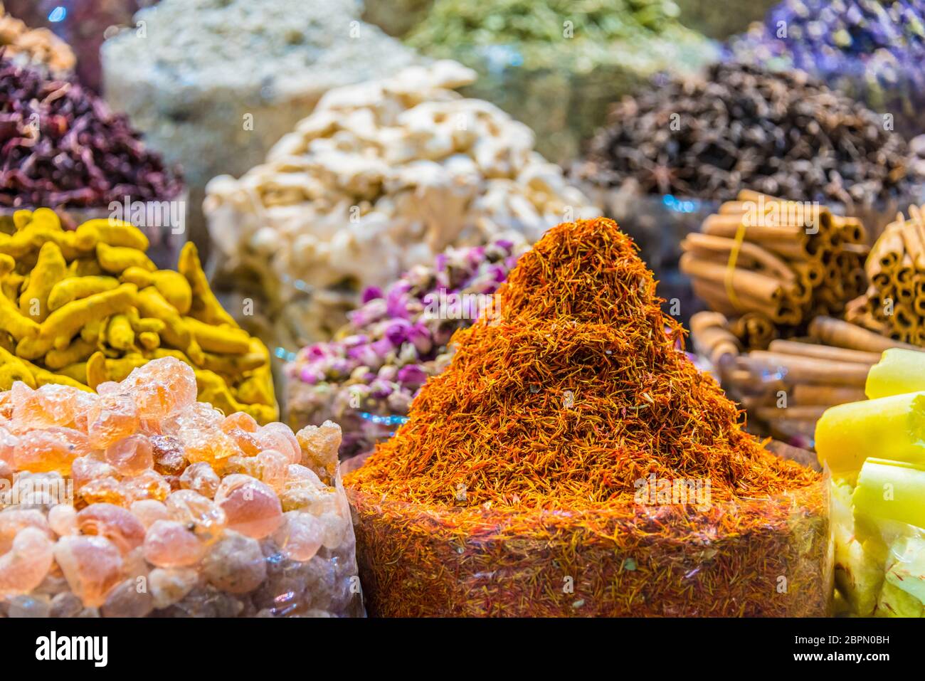 Variety of spices and herbs on the arab street market stall. Dubai ...