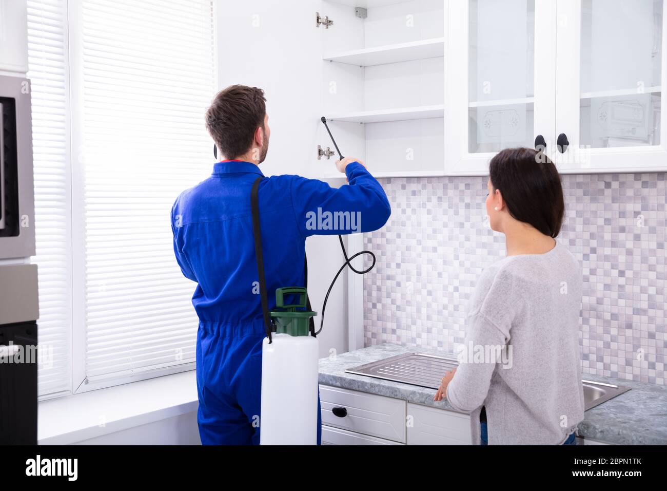 Woman Showing At Pest Control Worker Spraying Insecticide On Shelf Of ...