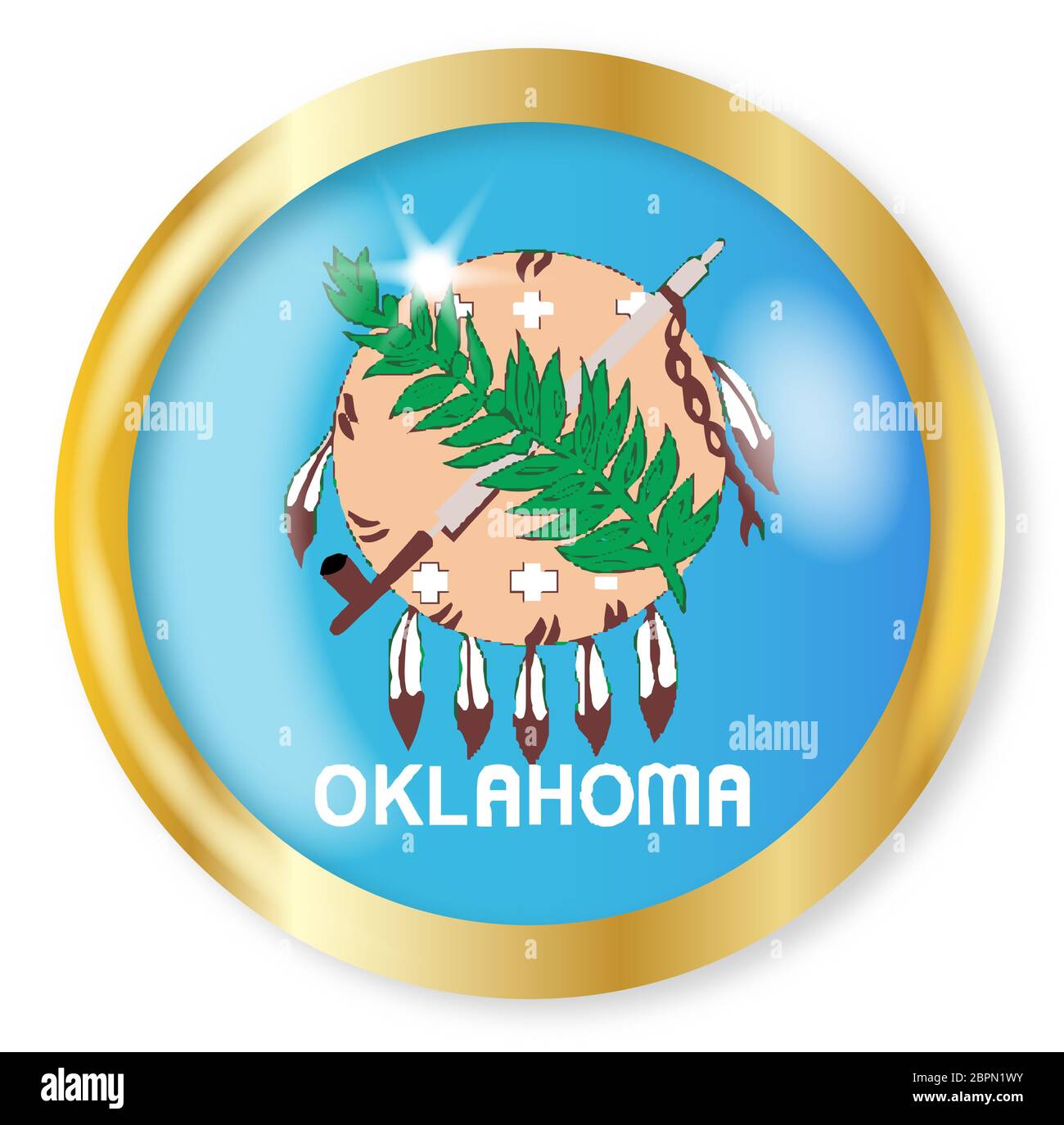 Oklahoma state flag button with a gold metal circular border over a ...