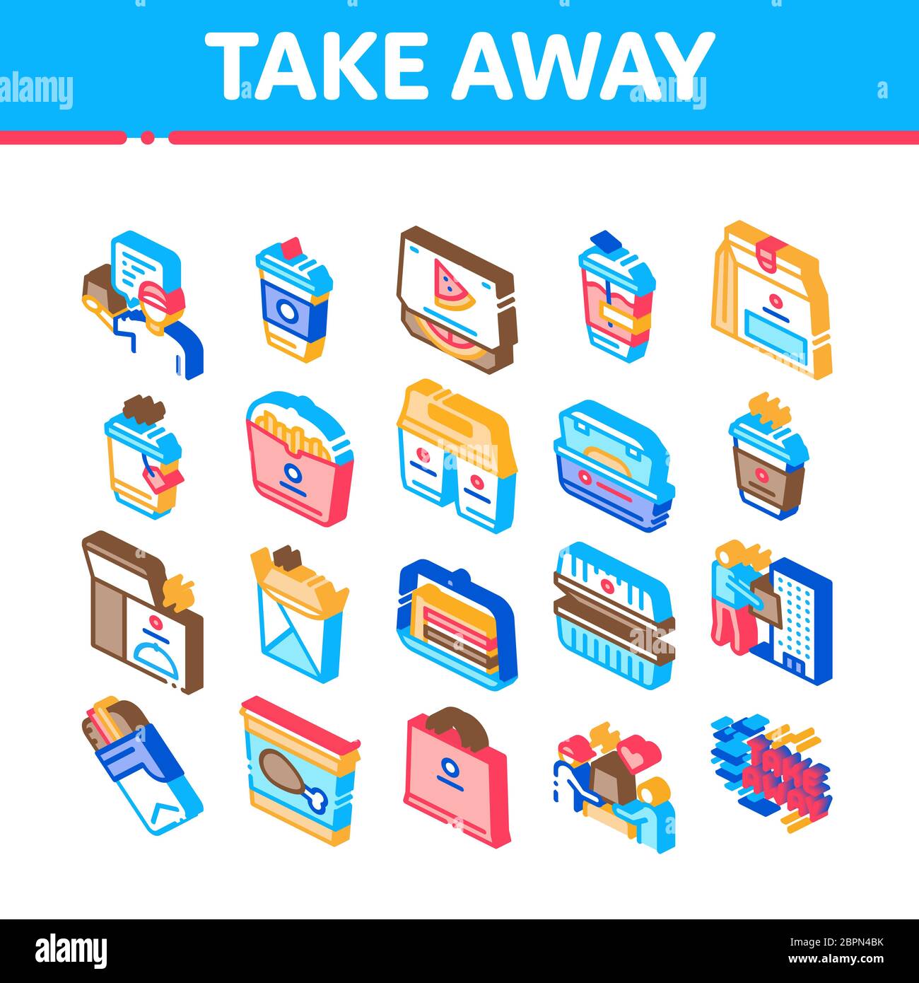 Take Away Food And Drink Delivery Isometric Icons Set Vector Stock ...