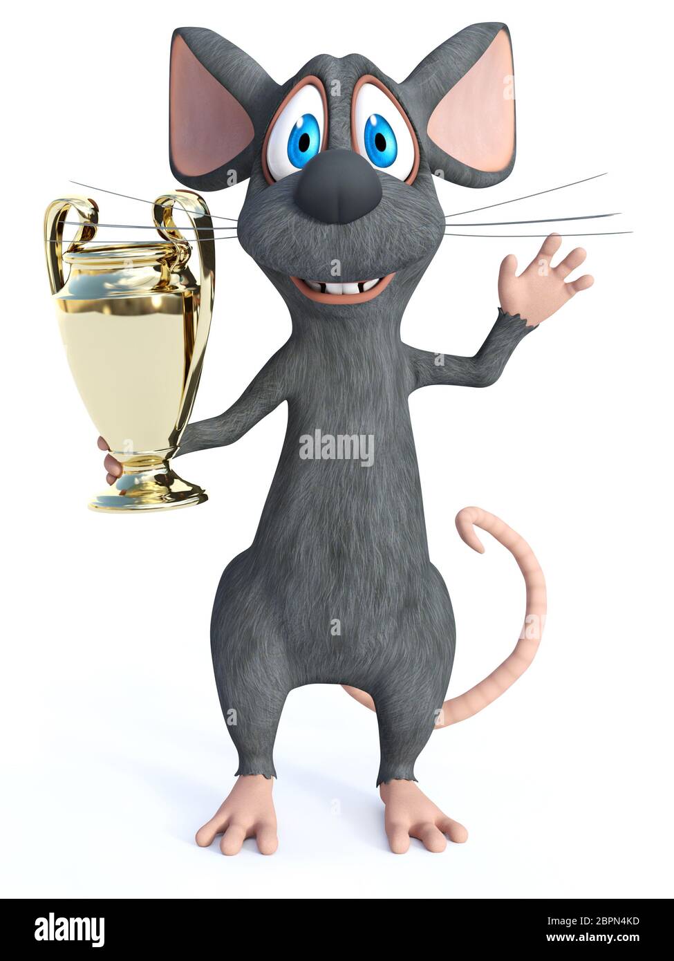 3D rendering of a cute smiling cartoon mouse holding golden prize ...