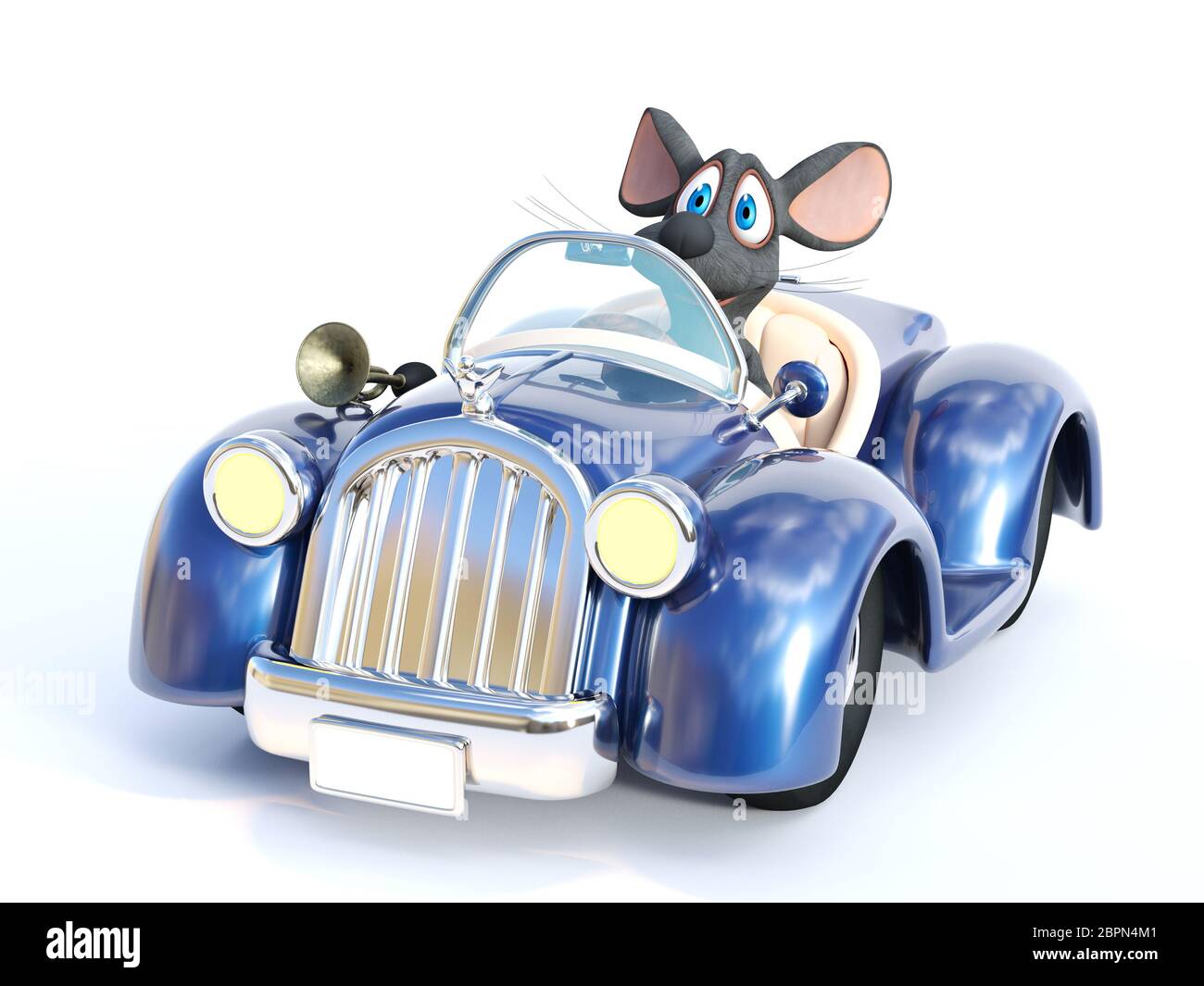 3D rendering of a cute smiling cartoon mouse sitting in a cabriolet car ...