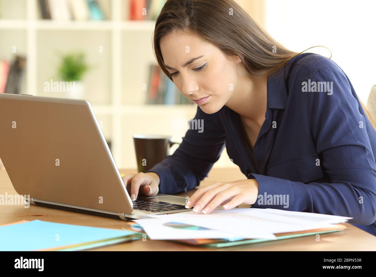 Concentrated entrepreneur comparing documents on line with a laptop ...