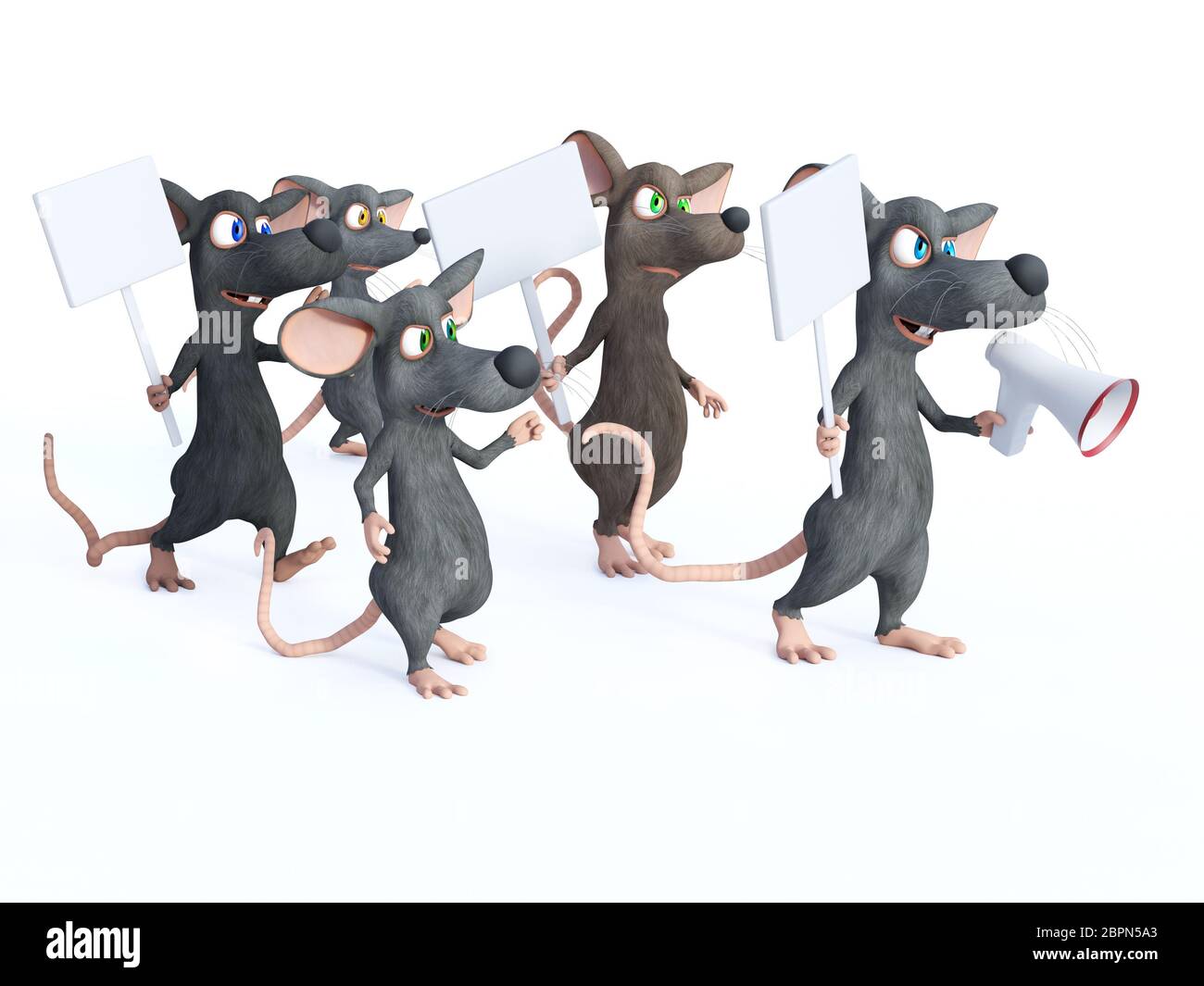 3D rendering of cute cartoon mice holding blank signs and looking upset ...
