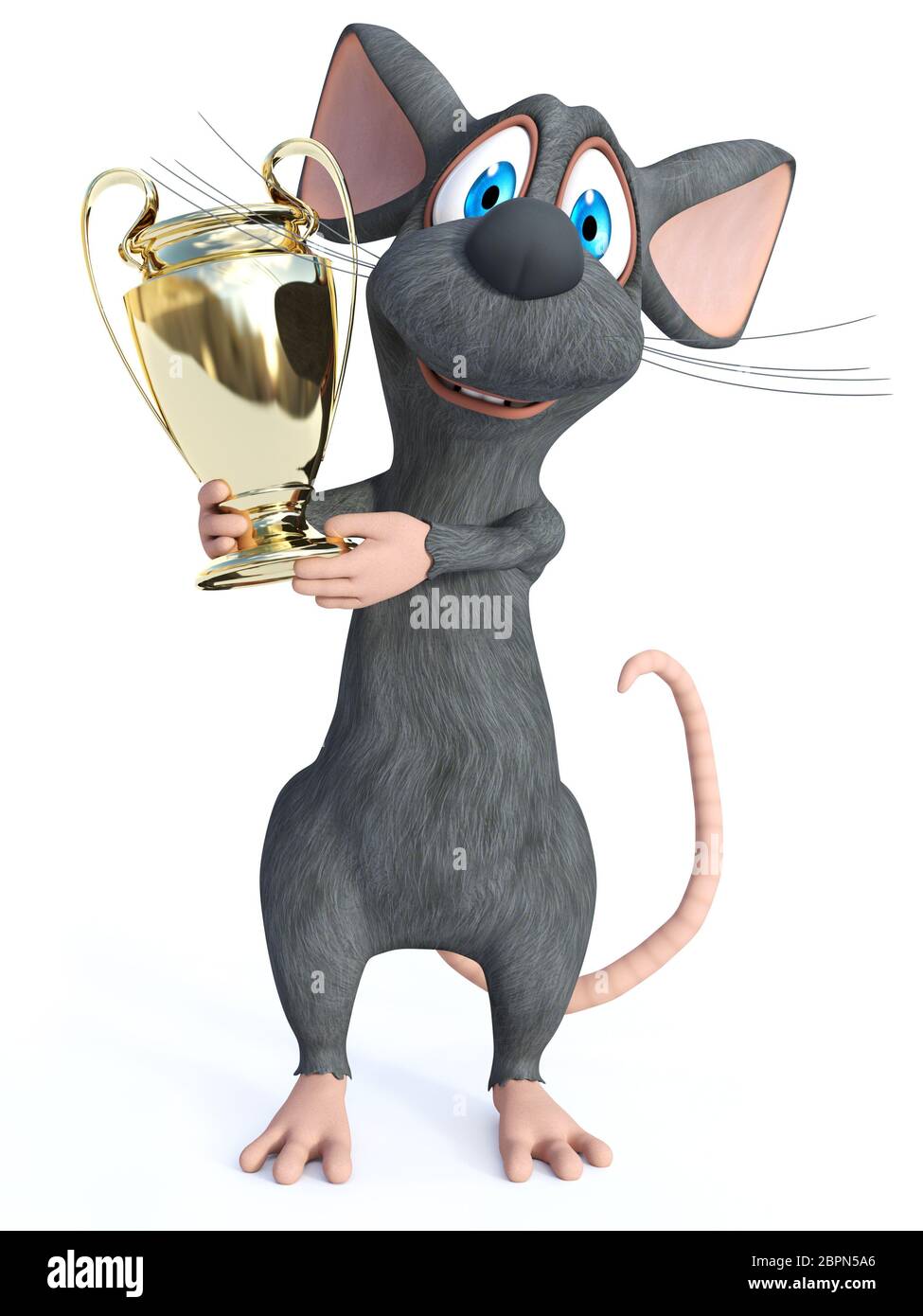 3D rendering of a cute smiling cartoon mouse holding golden prize ...