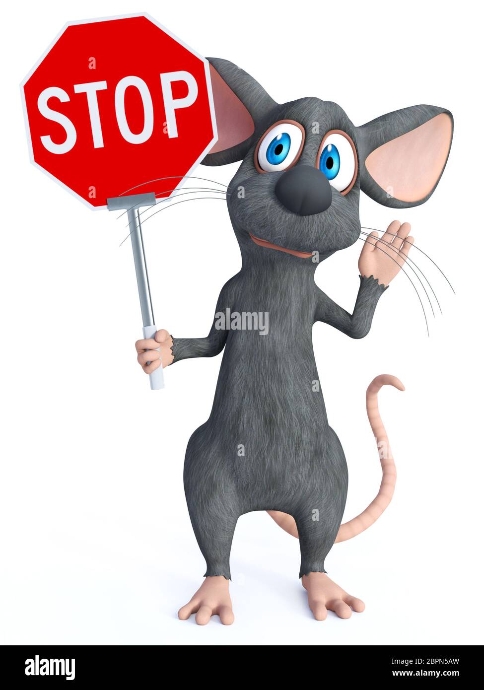 3D rendering of a cute cartoon mouse holding a red stop sign and ...