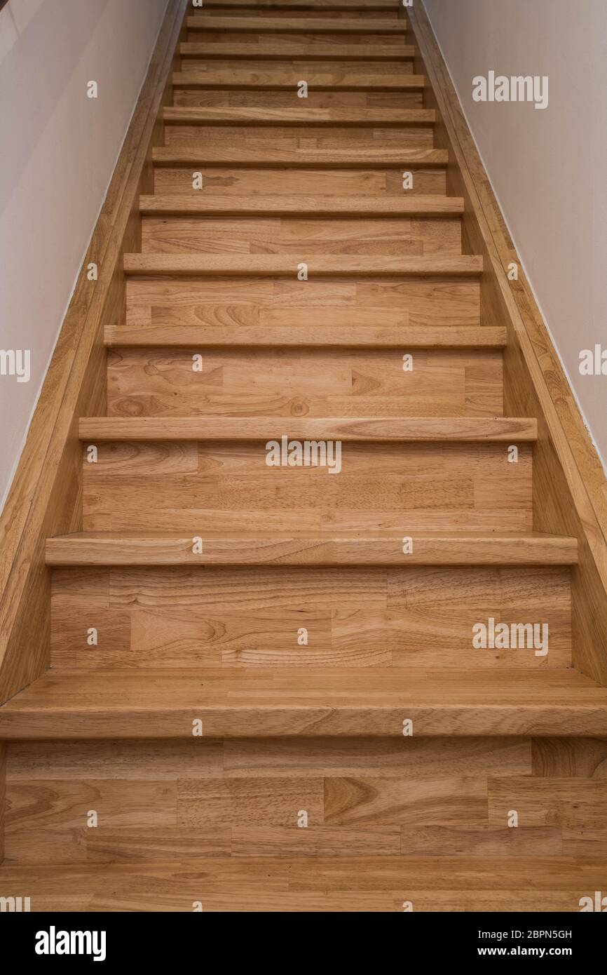 long wooden stairs, modern house interior close-up and new Stock Photo ...