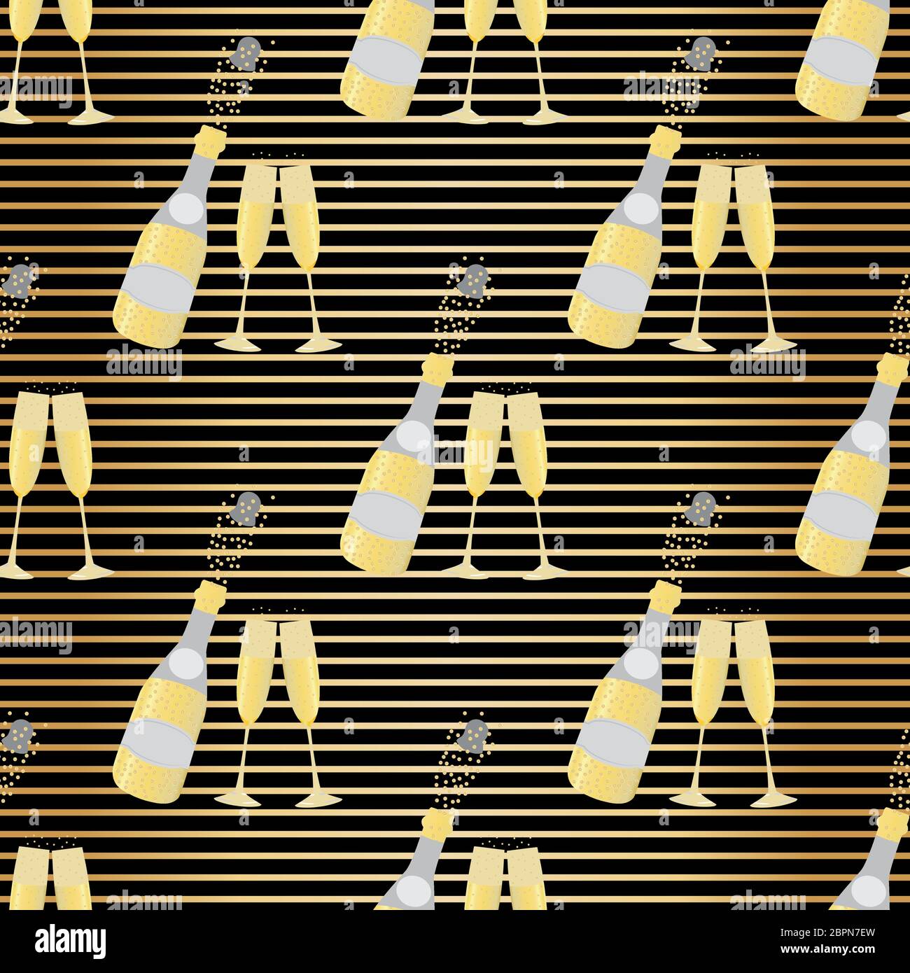 Champagne icons vector seamless pattern background. Elegant bottles, glasses, fizzy bubbles gold ...