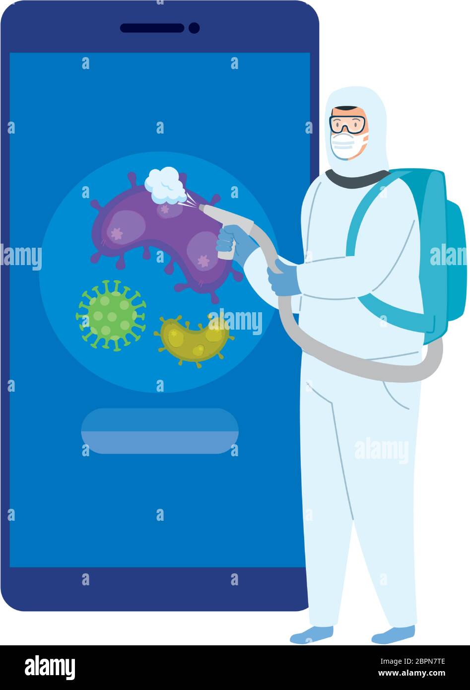 person using suit biohazard for smartphone disinfectant Stock Vector ...