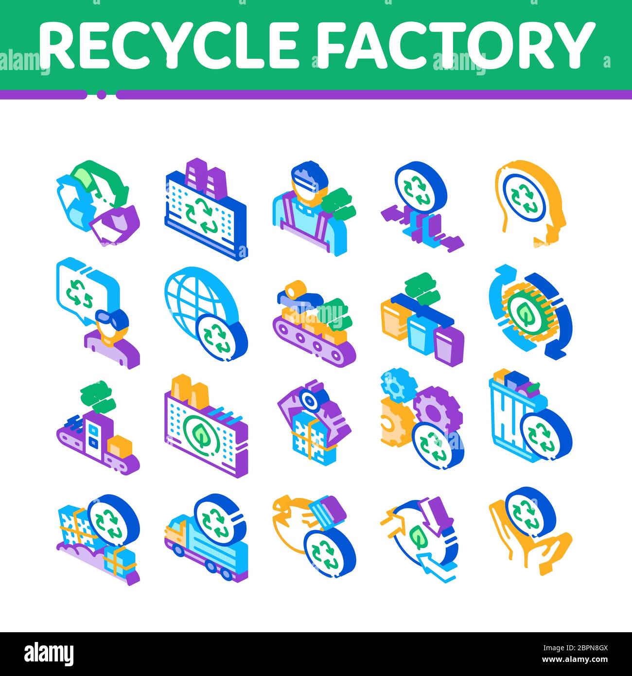 Recycle Factory Ecology Industry Isometric Icons Set Vector Stock ...