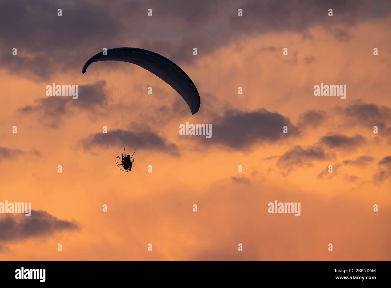 Parachutist falling from the sky in evening sunset dramatic sky ...