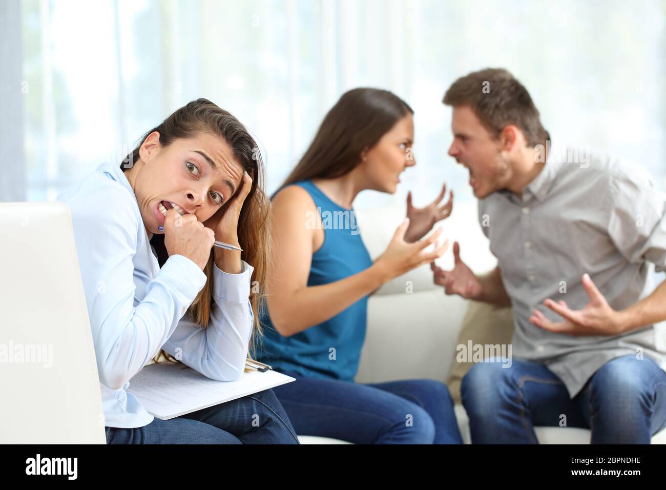 Couple arguing and breaking up in a marriage counseling and driving ...