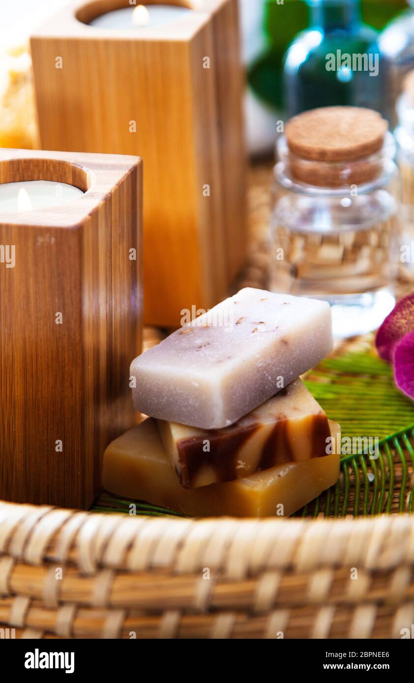 Spa and wellness. Natural soaps in with orchid flower .Spa treatment ...