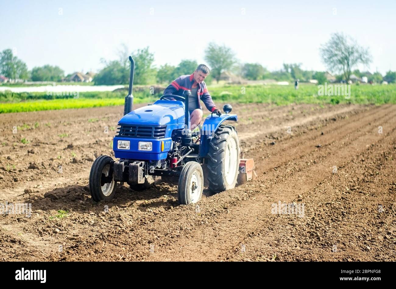 A farmer on a tractor cultivates a farm field. Soil milling, crumbling ...