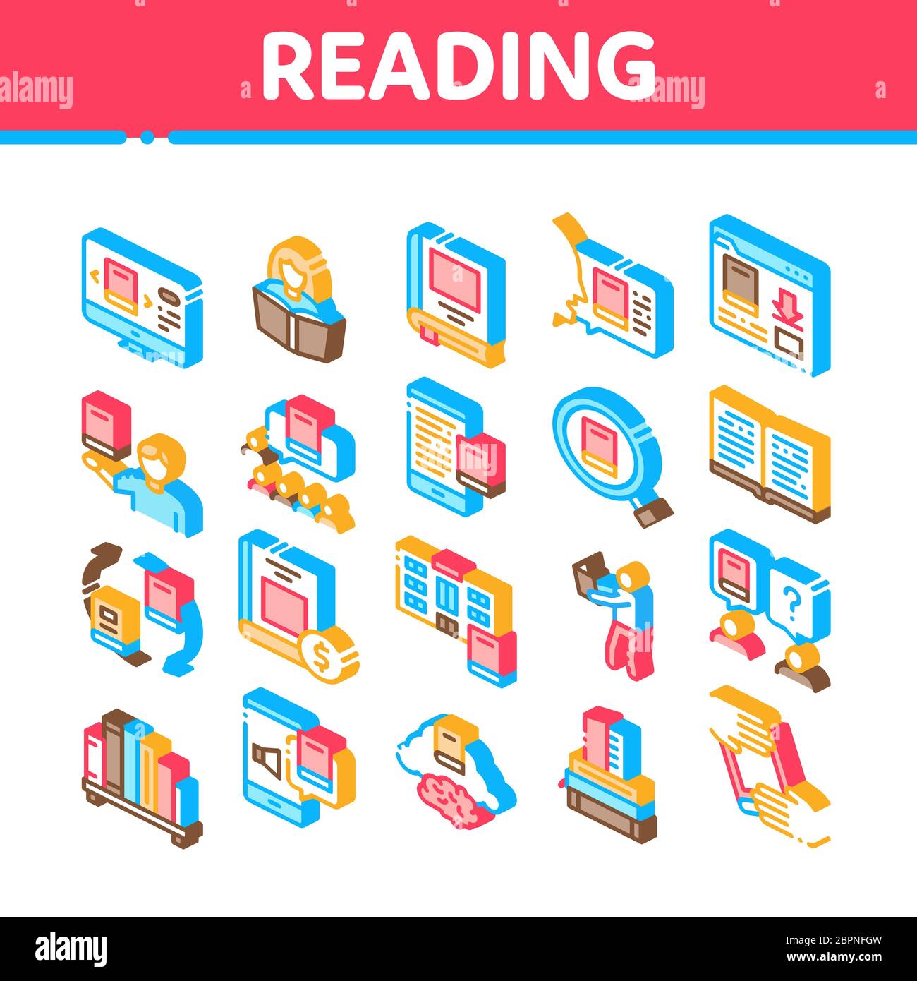 Reading Library Book Isometric Icons Set Vector Stock Vector Image ...