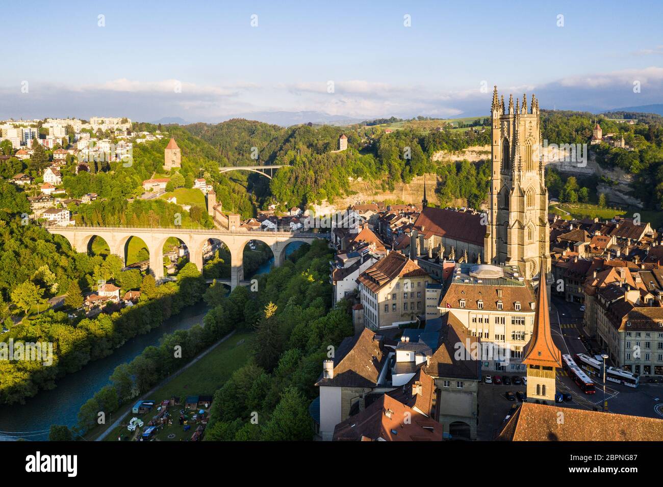 Fribourg old town with its famous Gothic Cathedral St Nicolas by the ...