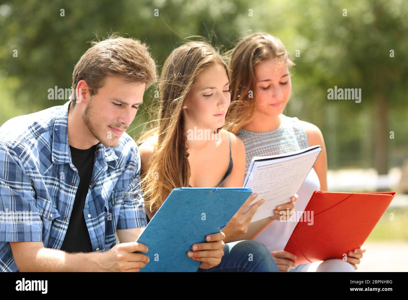 Three concentrated students memorizing notes sitting in a campus park ...
