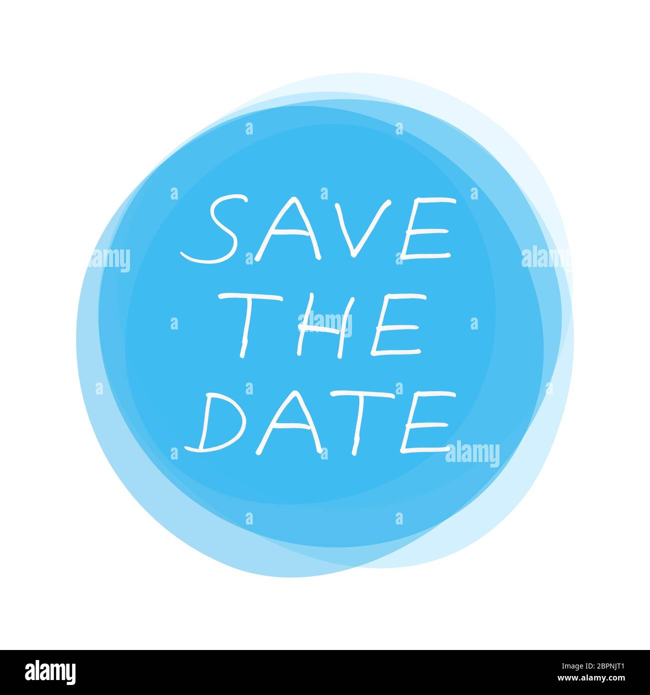 Isolated light blue round Button with handwritten text: Save the date ...