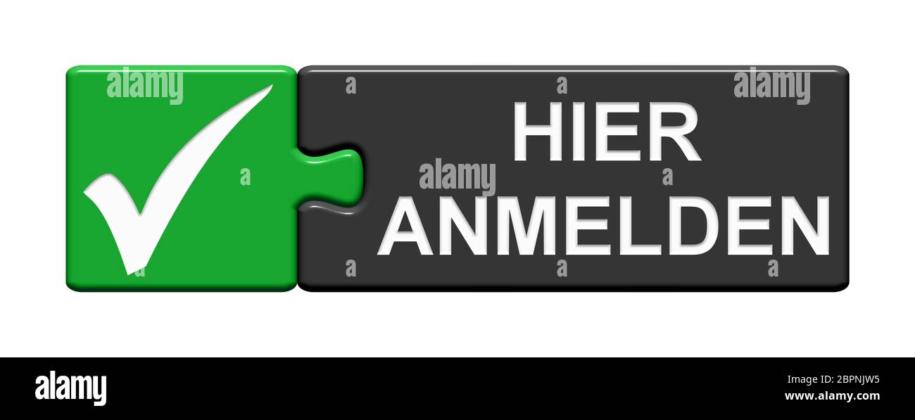 Button with tick symbol showing: Register here in german language Stock ...
